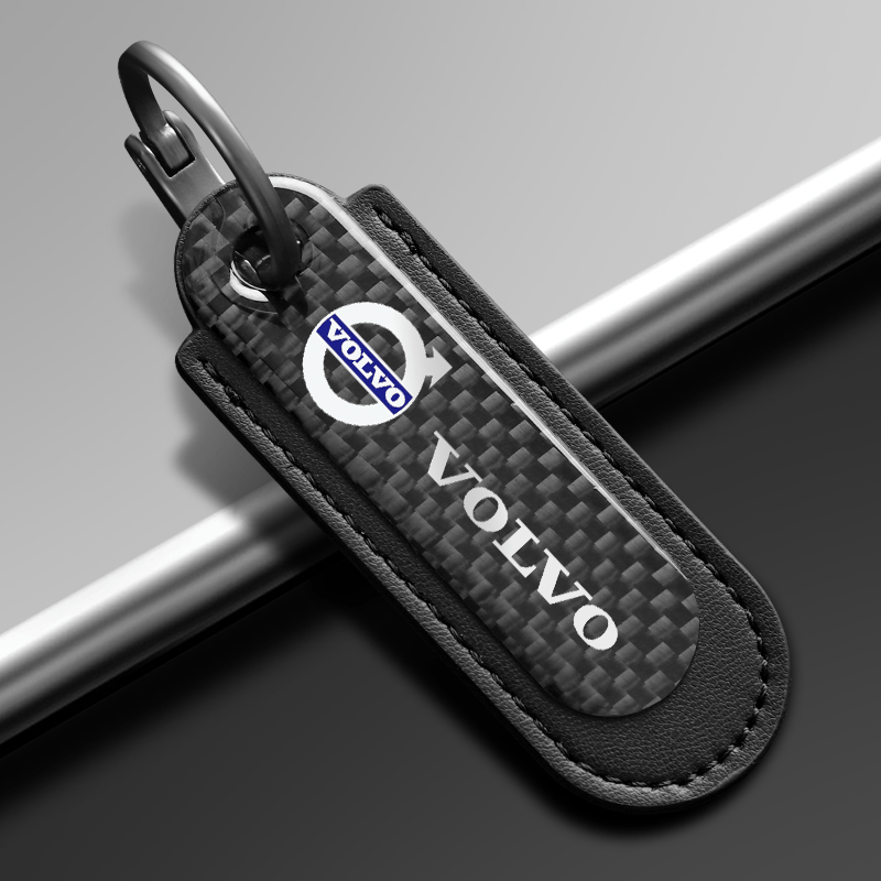 Volvo Real Carbon Fiber With Black Leather Keychain