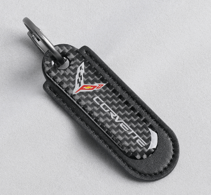 Chevrolet Corvette C8 Carbon Fiber Black Leather Keychain - Free Shipping