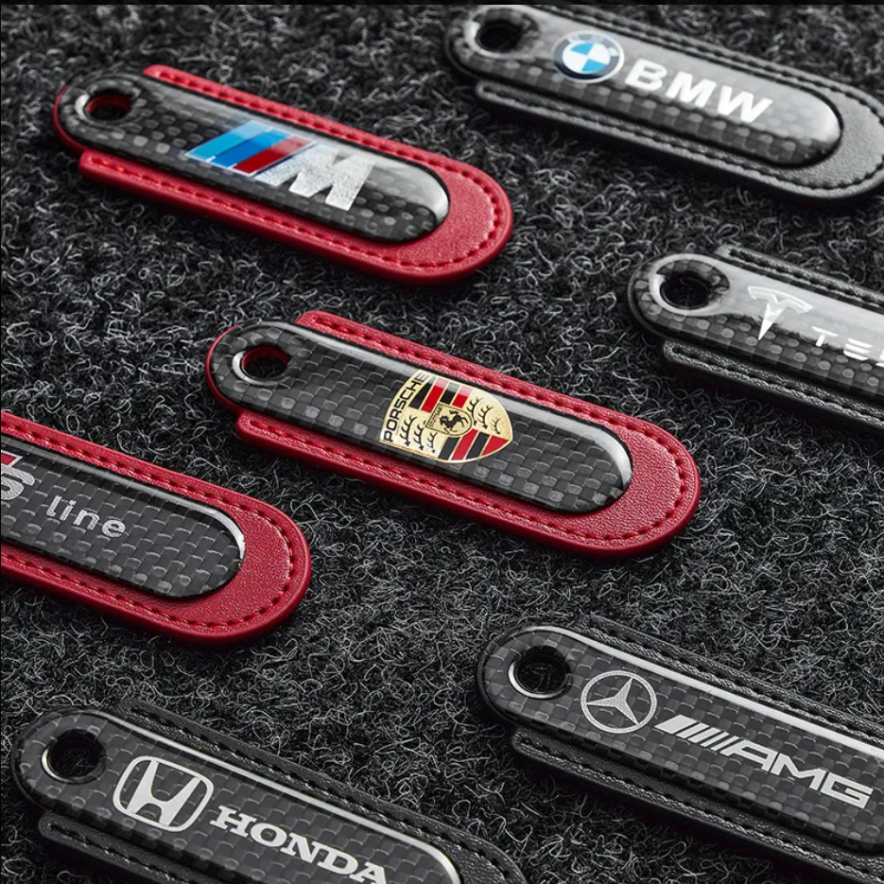 Ferrari Carbon Fiber Black Leather Keychain - Tire Valve Caps, Keychain ...